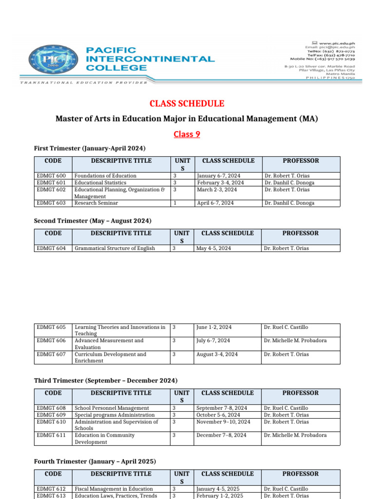 9th Grade Class Schedule 2024-2025 | PDF