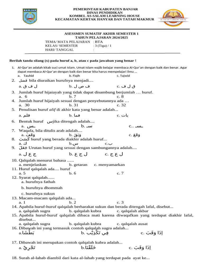 Soal Bta Sas Kelas 3 | PDF