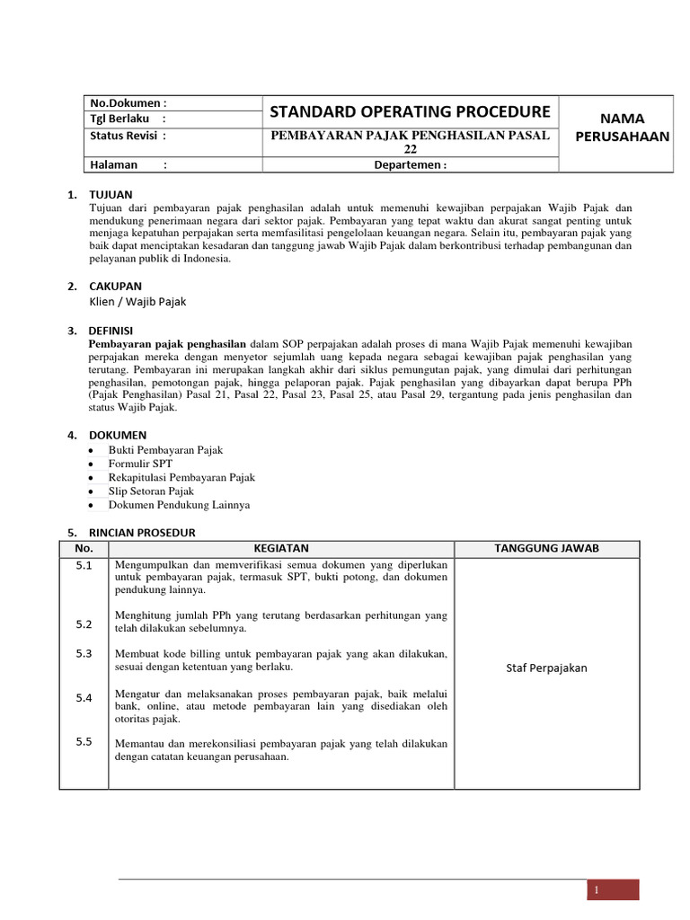 Sop Pembayaran Pajak Penghasilan Pasal 22 | PDF