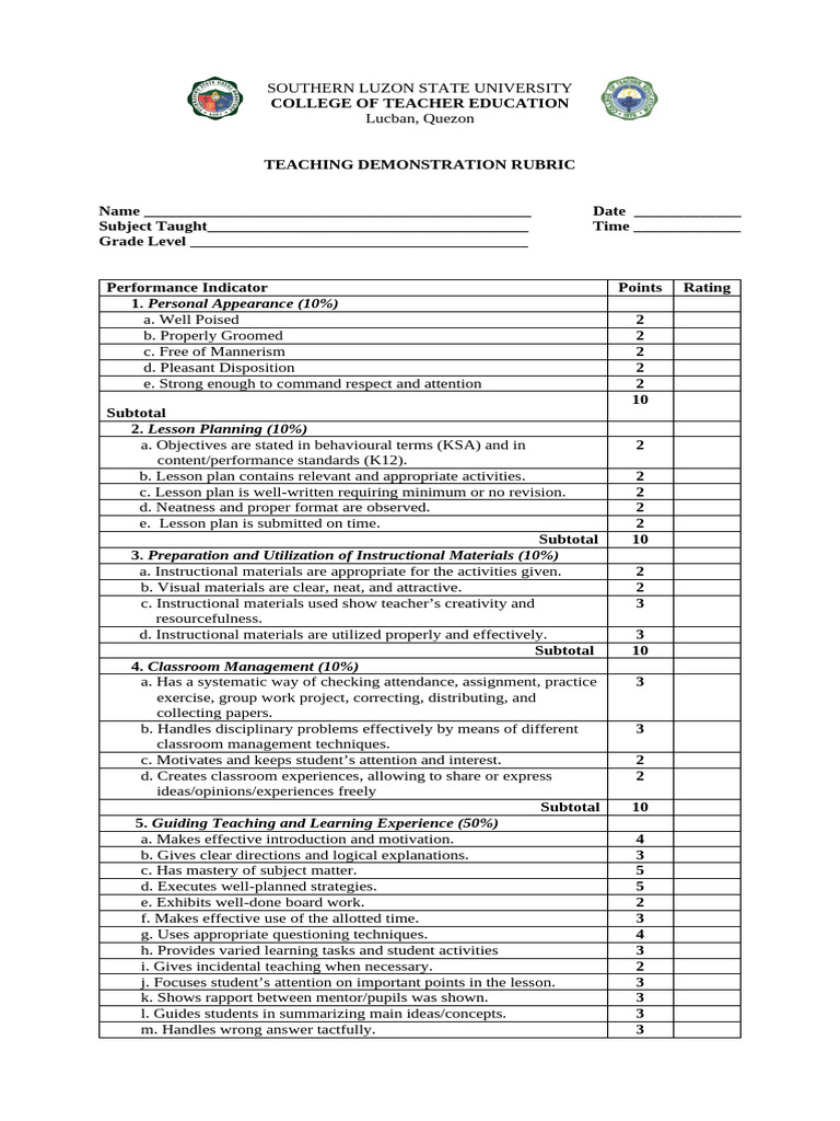Teaching Demonstration Rubric | PDF | Lesson Plan | Classroom Management