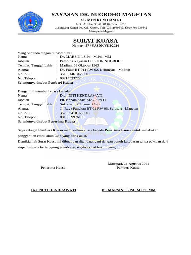 Surat Kuasa Kepengurusan Nib | PDF