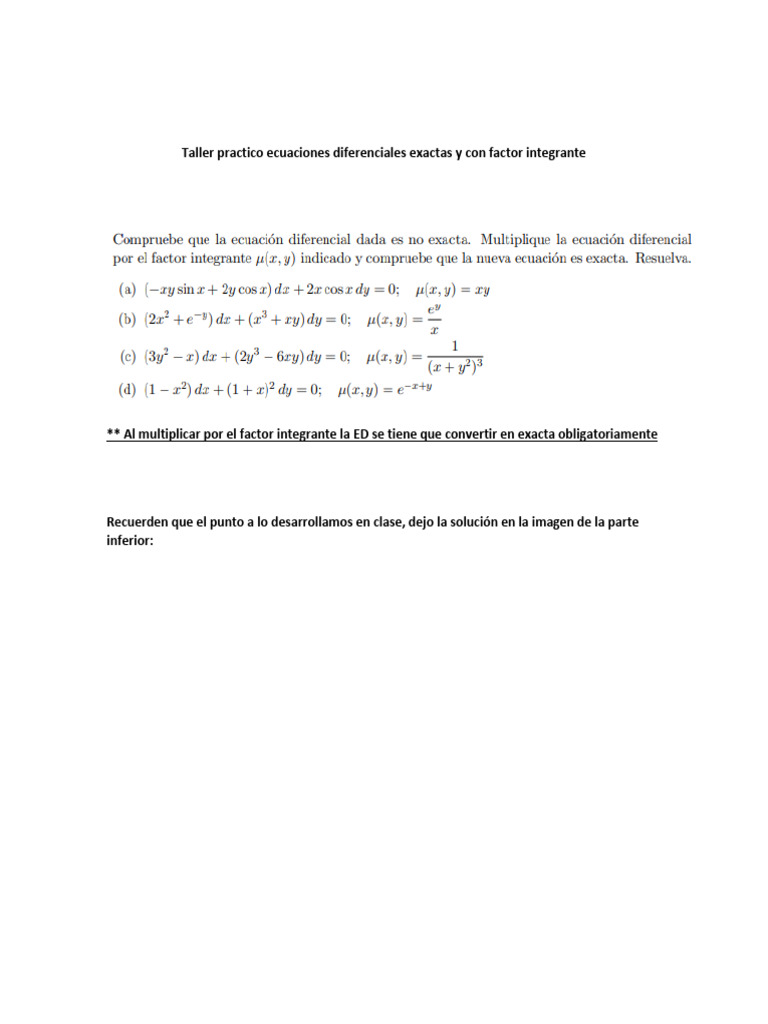 Taller Practico Ecuaciones Diferenciales Exactas y Con Factor Integrante | PDF