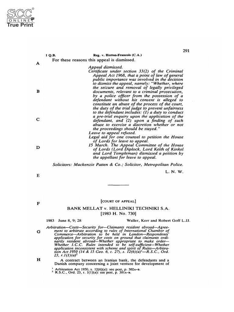 Bank Mellat v. Helliniki Techniki (1984) 1 QB 291 | PDF | Arbitration ...