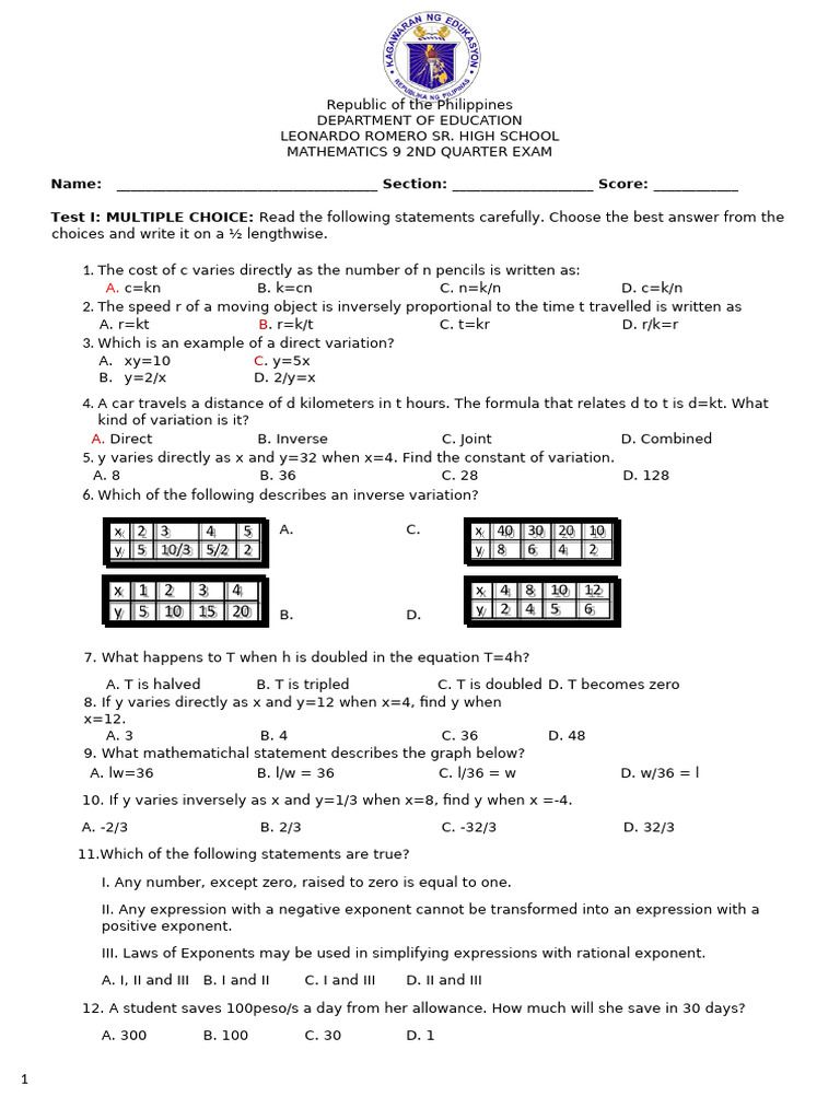 Math 9 - Second Quarter Exam TQ | PDF | Exponentiation | Numbers