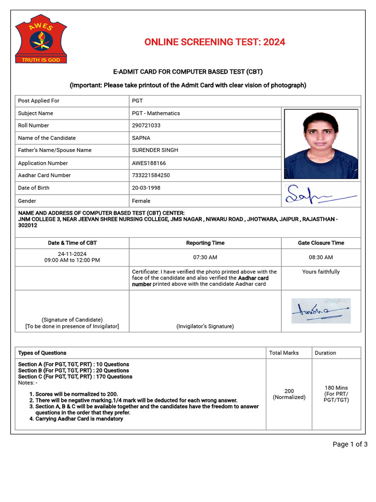 AdmitCard | PDF | Identity Document