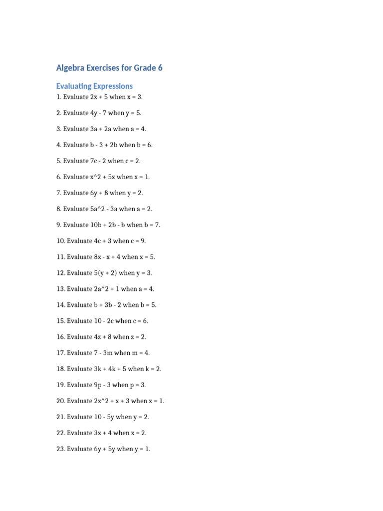 Algebra Exercises For Grade 6 | PDF | Mathematics | Algebra