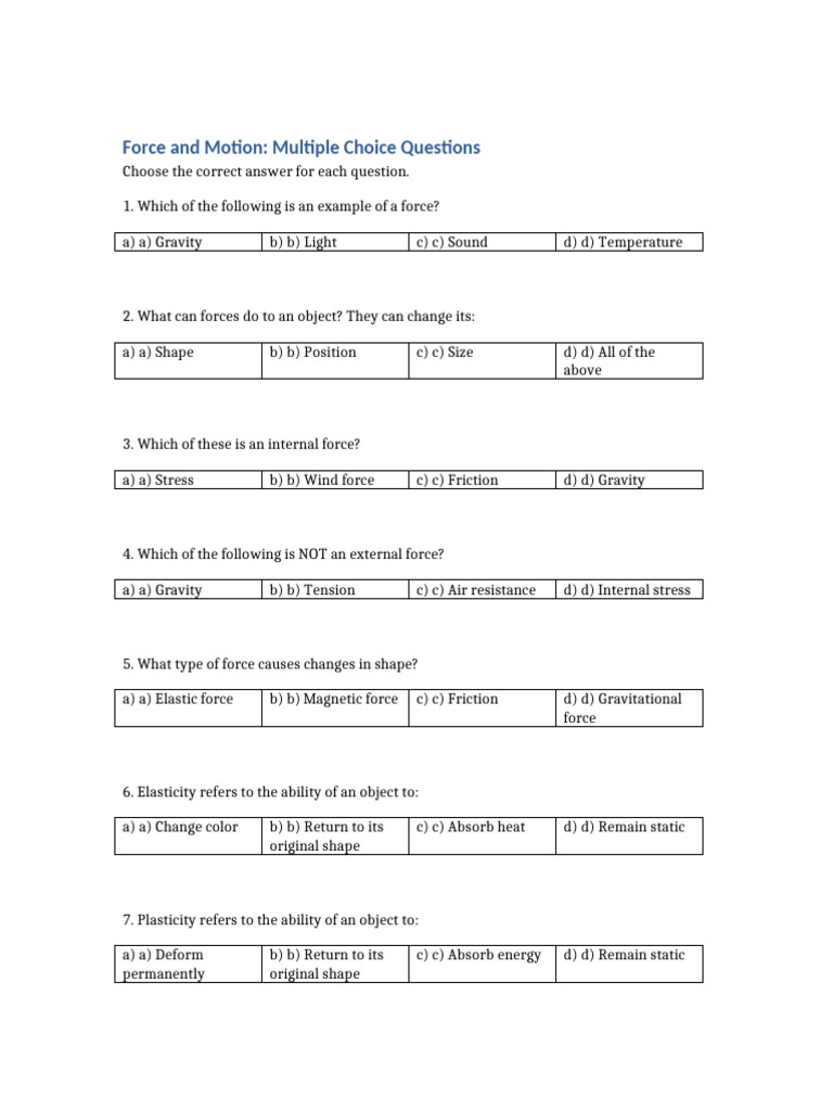 Force and Motion 4column MCQ | PDF