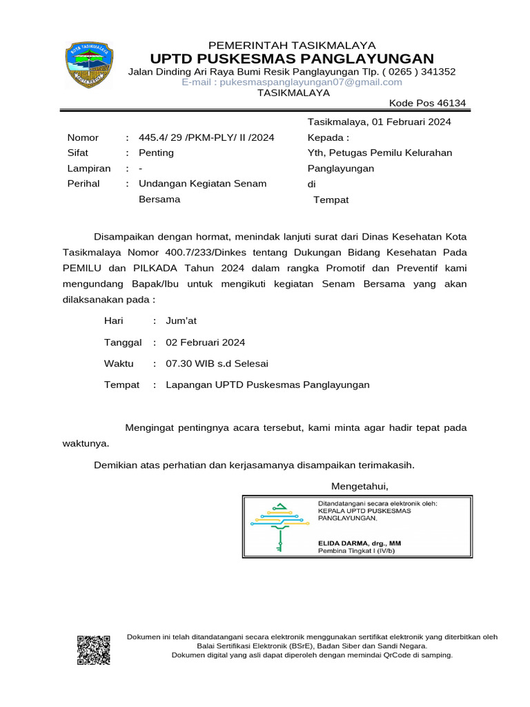 Surat Undangan Kegiatan Senam Bersama | PDF