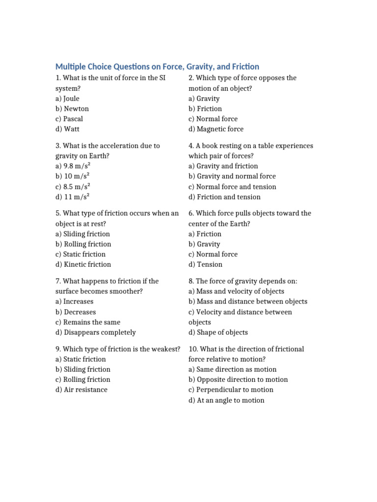 Force Gravity Friction Questions | PDF | Force | Friction