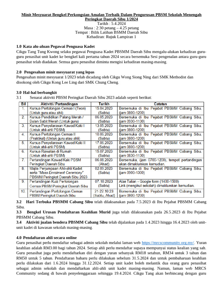 Minit Mesyuarat Guru PBSMM Sibu 1- 5.4.2024 (2) | PDF