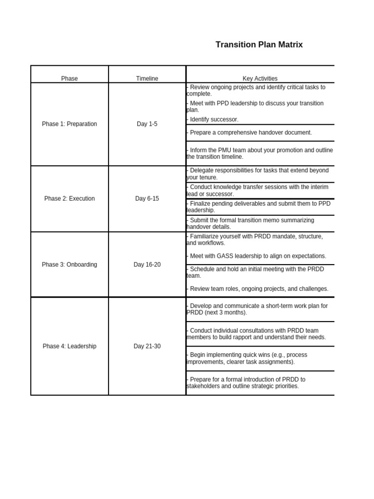 Transition Plan Matrix | PDF | Leadership | Business