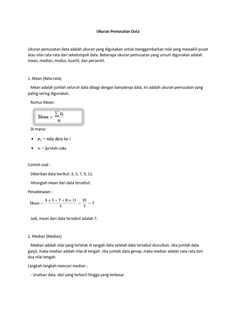 Ukuran Pemusatan Data (Mean,Modus,Median,Kuartil,Persentil) | PDF