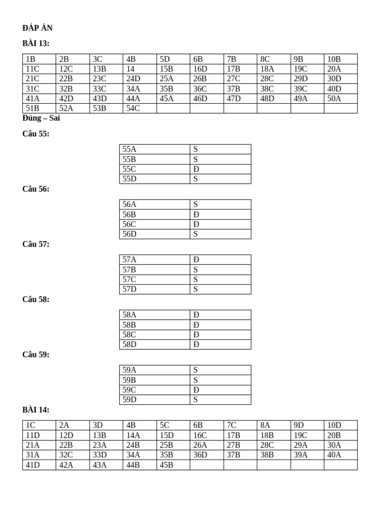 Đáp Án Bài 13, 14 | PDF