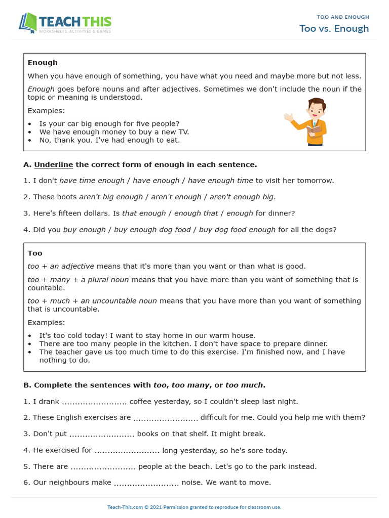 Too vs. Enough Worksheet (1) | PDF | Noun | Morphology