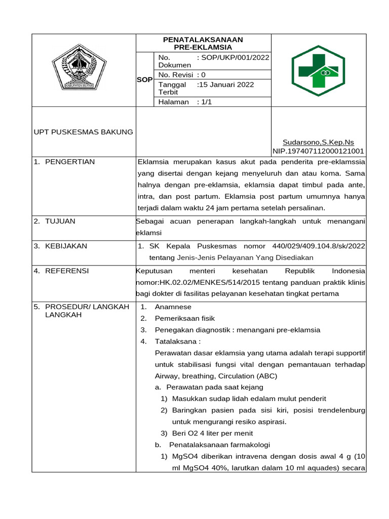 Sop Pre-Eklamsia | PDF