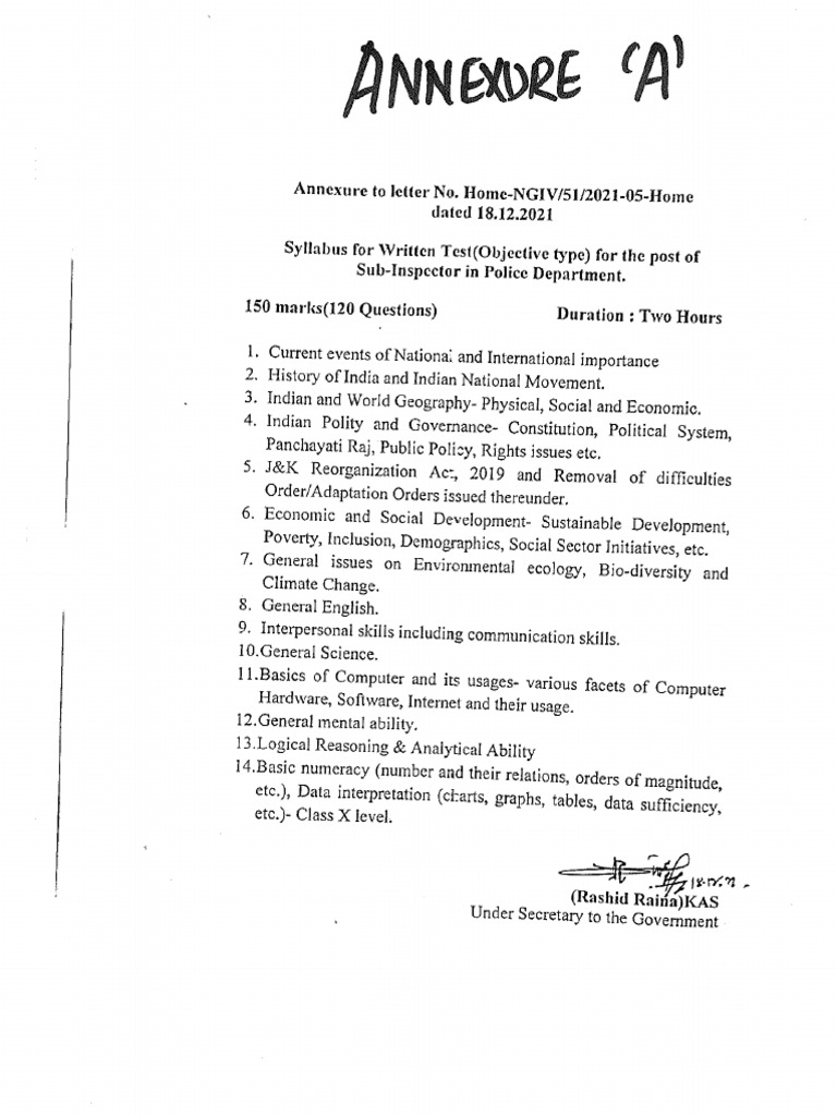 JK Police SI Syllabus 2024 PDF | PDF