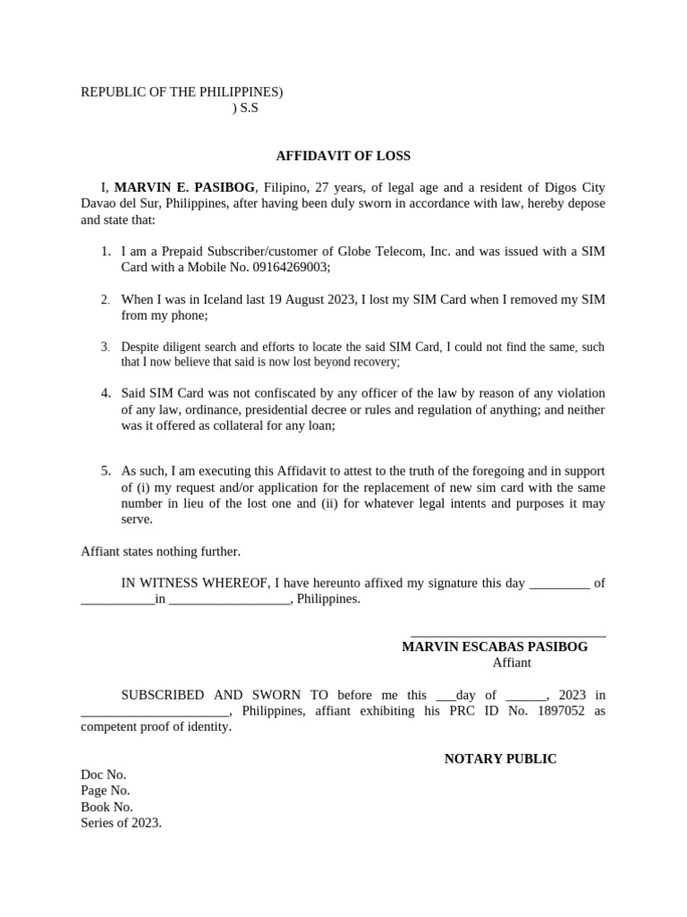 Affidavit of Loss - Sim Card (Marvin Pasibog) | PDF