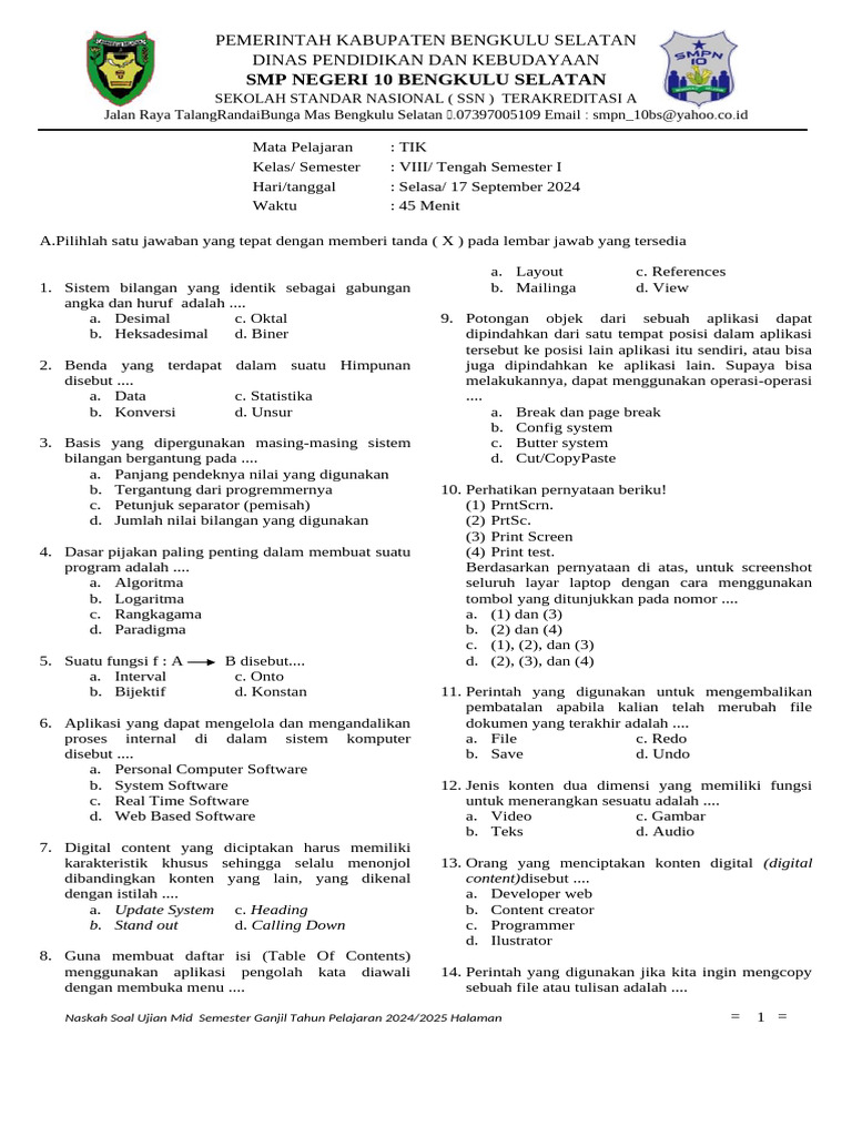 Soal MID TIK KELAS 8 2024 | PDF