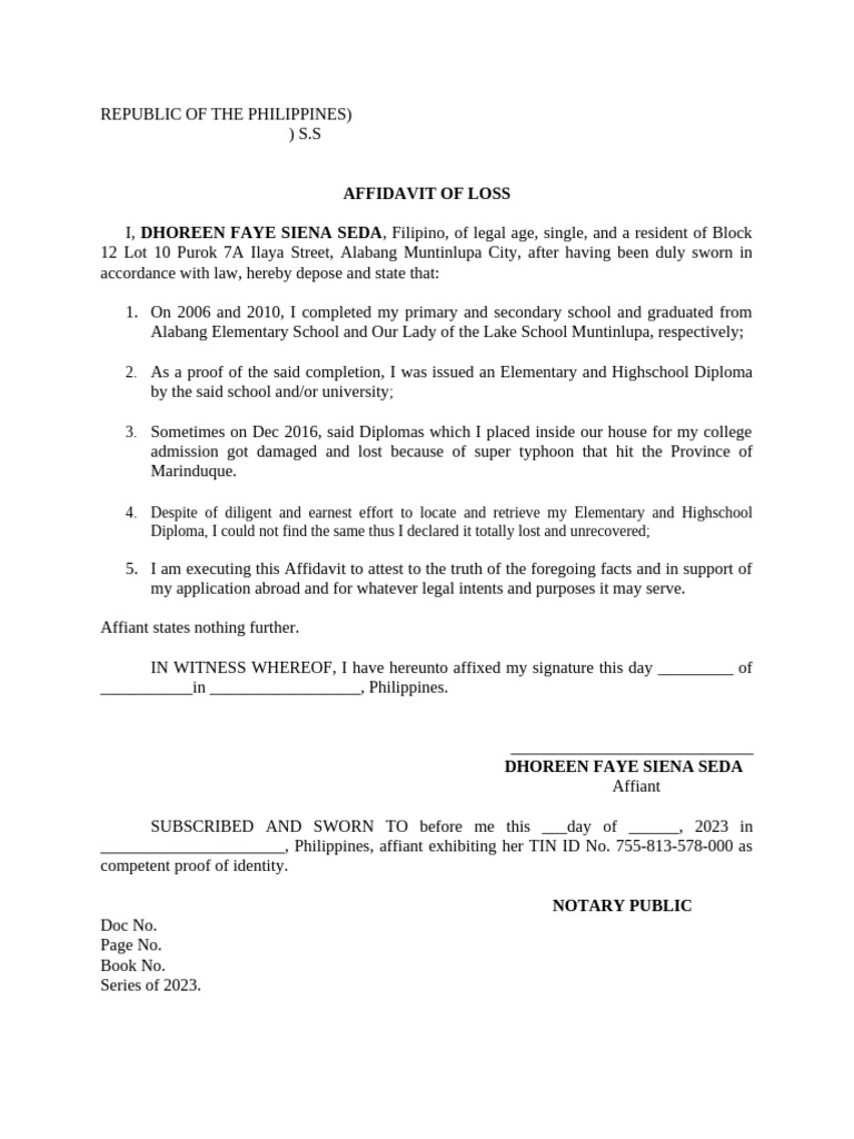 Affidavit of Loss - Diploma | PDF