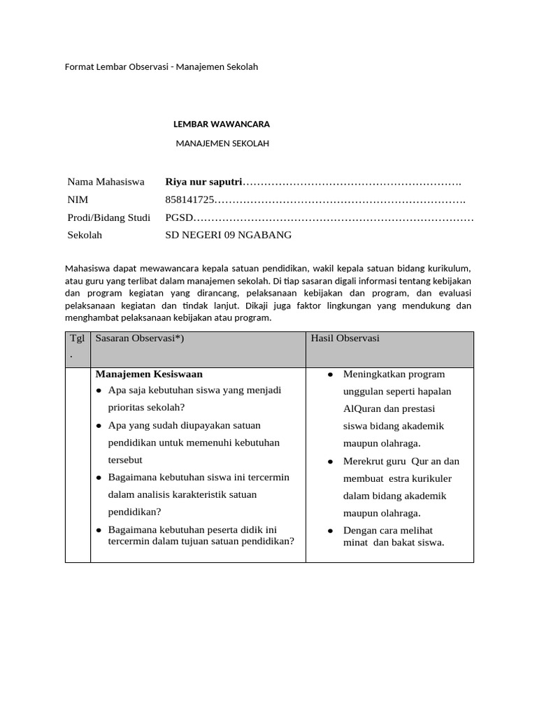 Format Lembar Observasi | PDF
