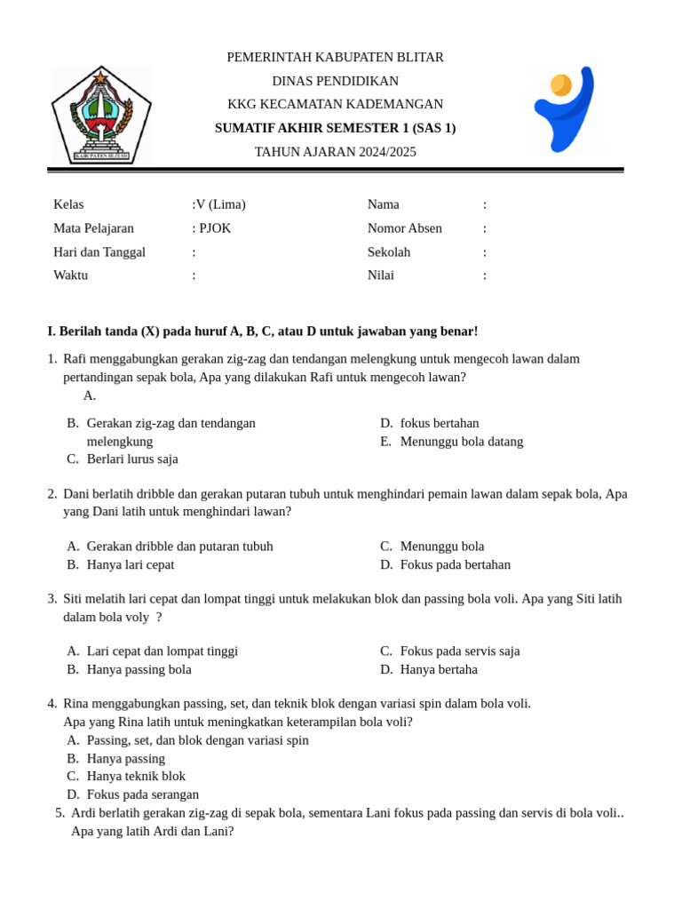 Soal Sas Pjok Kelas 5 | PDF