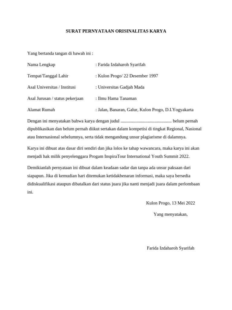 SURAT PERNYATAAN ORISINALITAS KARYA | PDF