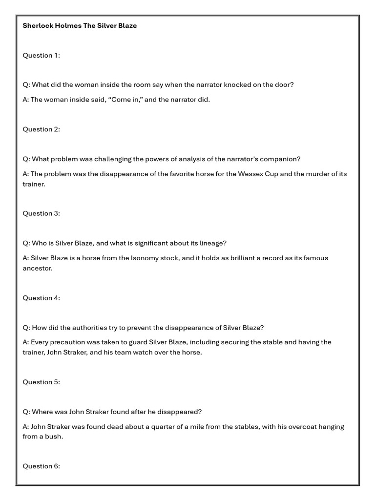 The Silver Blaze | PDF | The Adventure Of Silver Blaze