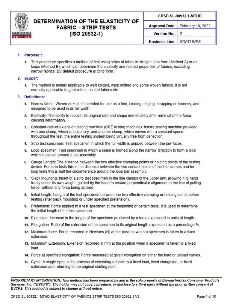 Cpsd-Sl-90932.1-Mthd-Elasticity of Fabrics Strip Tests Iso 20932.1-V2 ...