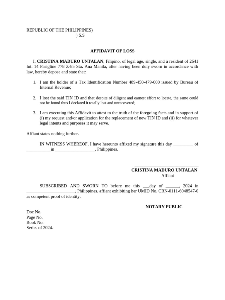 Affidavit of Loss for TIN ID | PDF
