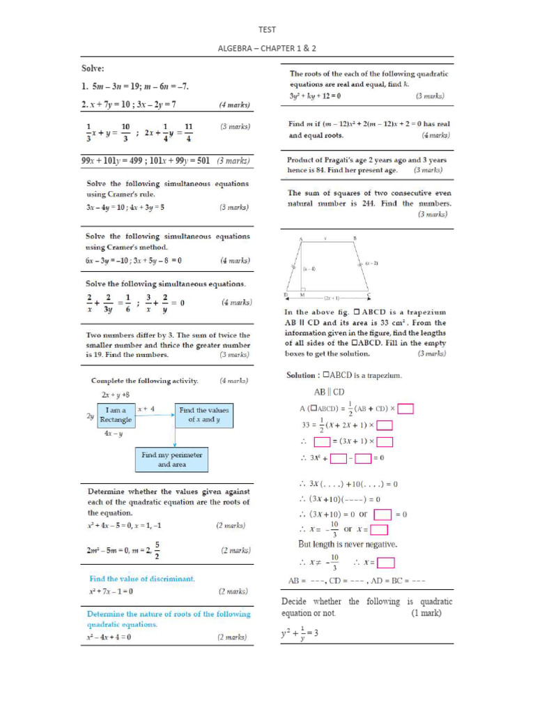 Algebra Class 10 Test | PDF
