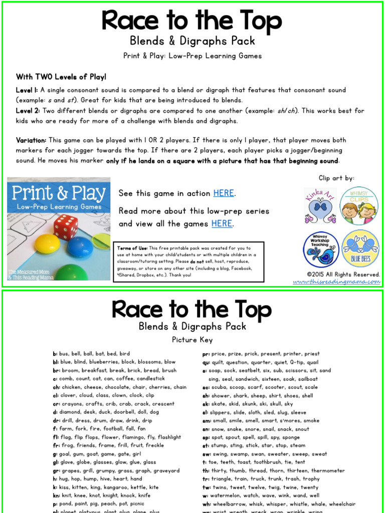Race To The Top Blends and Digraphs Games | PDF