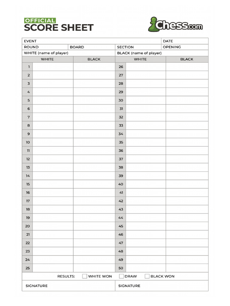 Chess Score Sheet | PDF