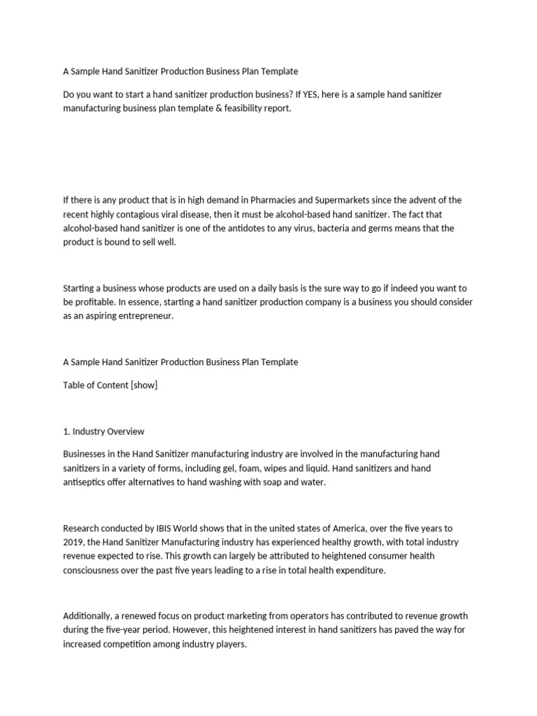 Hand Sanitizer Production Business Plan | PDF | Truck Driver | Marketing