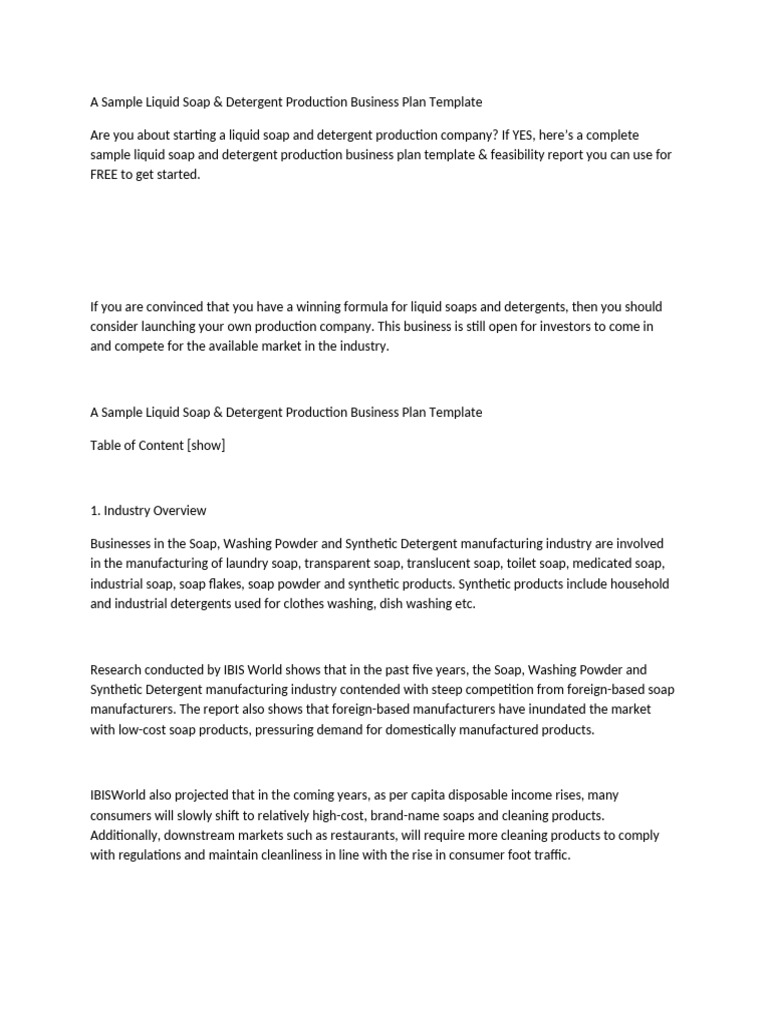 A Sample Liquid Soap & Detergent Production Business Plan Template ...
