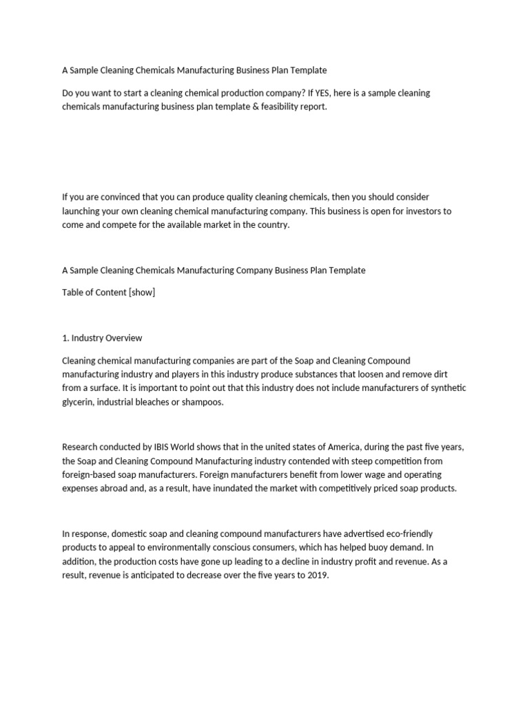 A Sample Cleaning Chemicals Manufacturing Business Plan Template | PDF ...