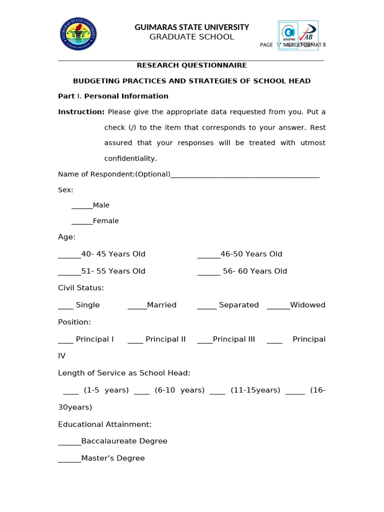 RESEARCH QUESTIONNAIRE | PDF | Budget
