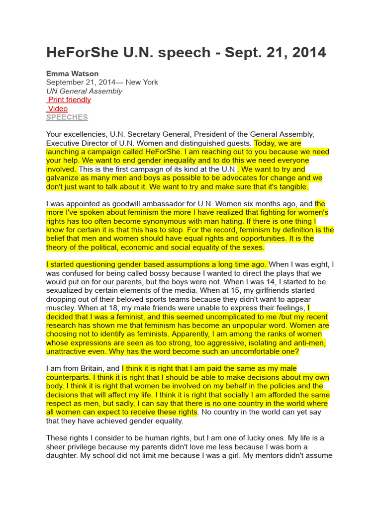 Emma Watson's HeForShe Speech 2014 | PDF | Gender Studies | Feminism