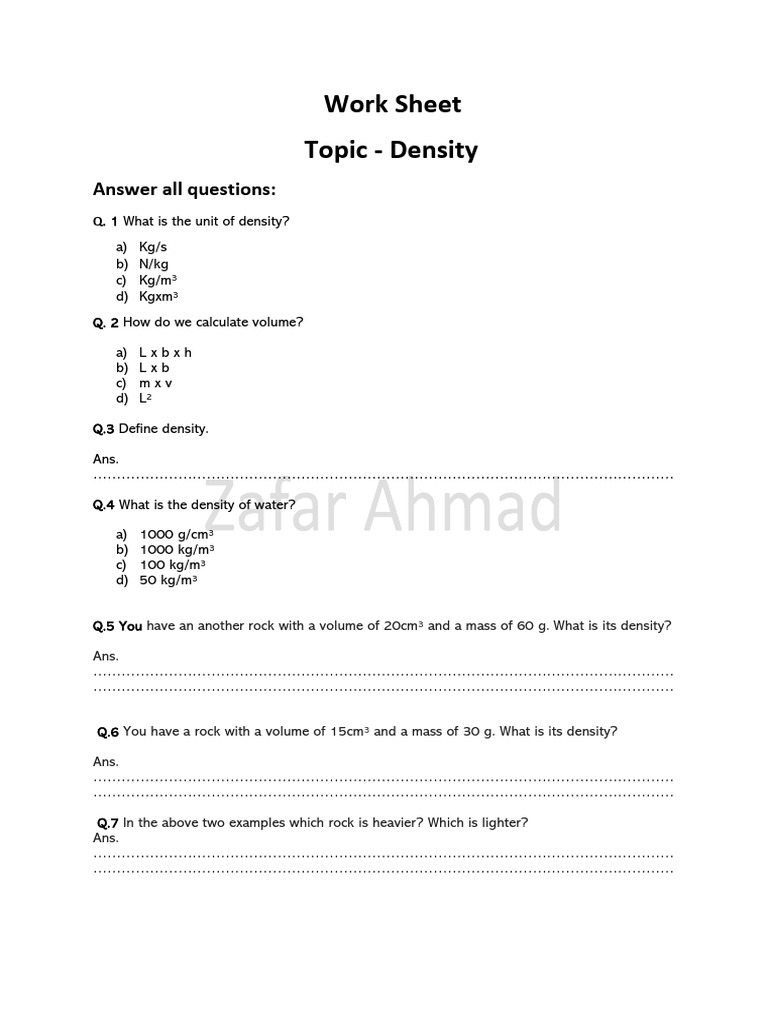 Work Sheet Density | PDF