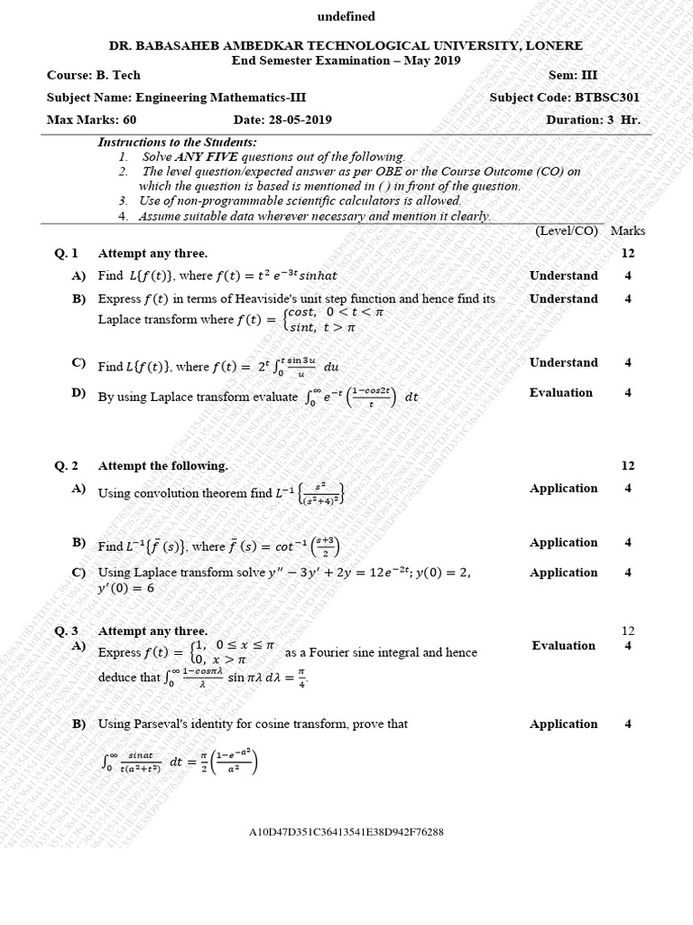 Engineering Mathematics III Exam 2019 | PDF