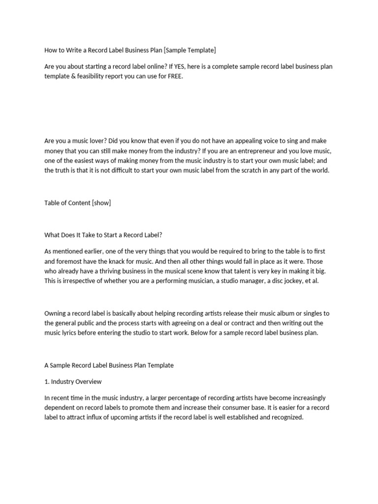 How To Write A Record Label Business Plan (Sample Template) | PDF ...
