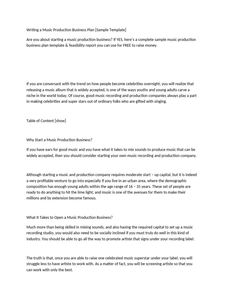 Writing a Music Production Business Plan [Sample Template] | PDF ...