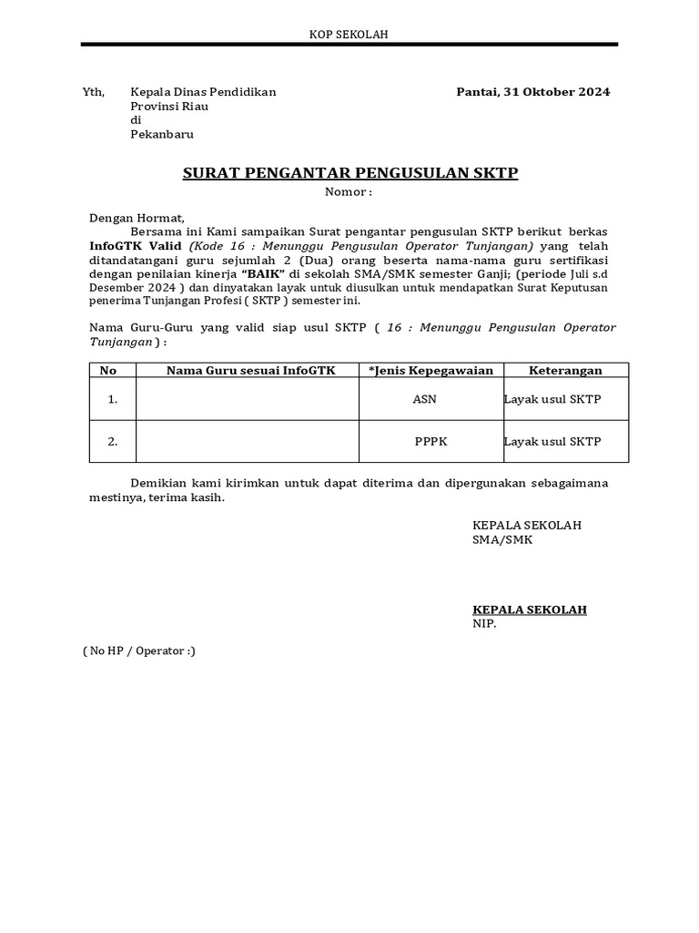 Contoh SURAT PENGANTAR PENGUSULAN SKTP | PDF