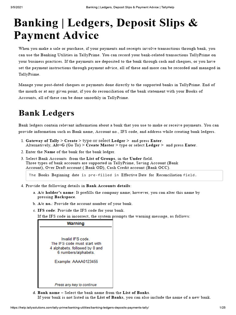 Banking - Ledgers, Deposit Slips & Payment Advice - TallyHelp | PDF | Cheque | Banks