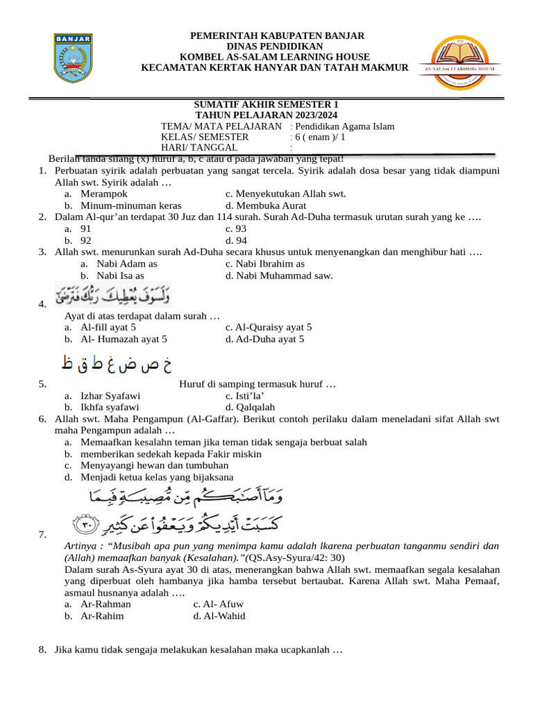 Soal Pai Sas Kelas 6 | PDF