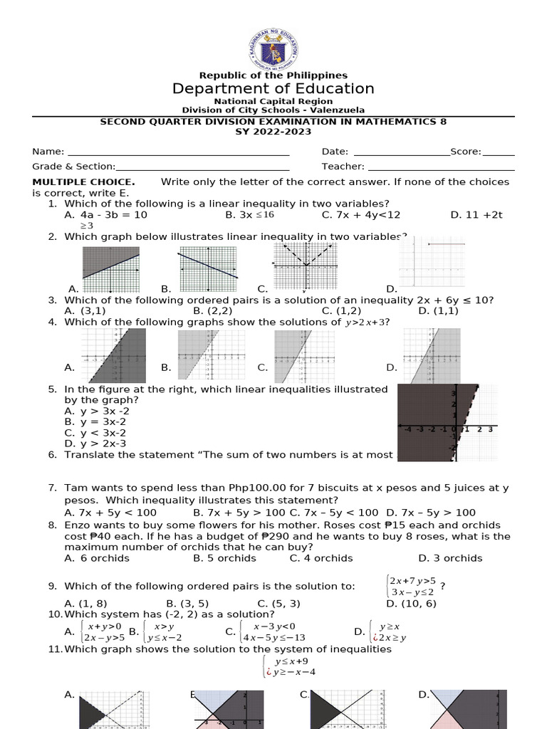SY2022 2023 Math KS3 - 8 Q2 Exam | PDF | Mathematics | Euclidean Geometry