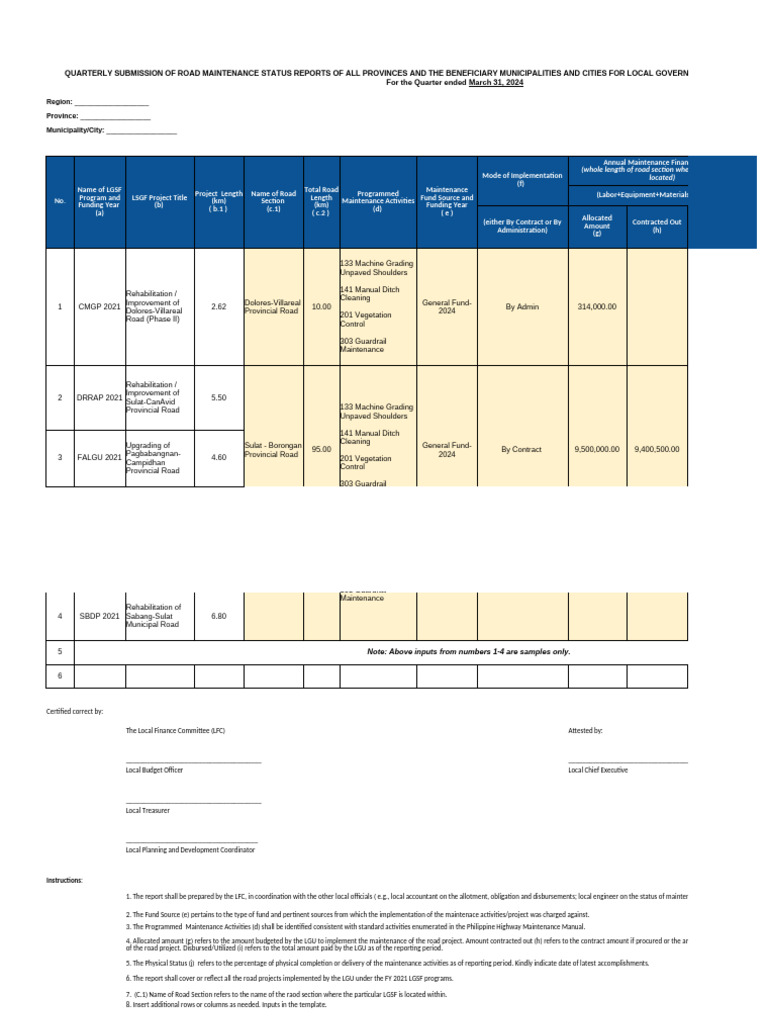 Template for Quarterly Report on Maintenance Budget Utilization and ...