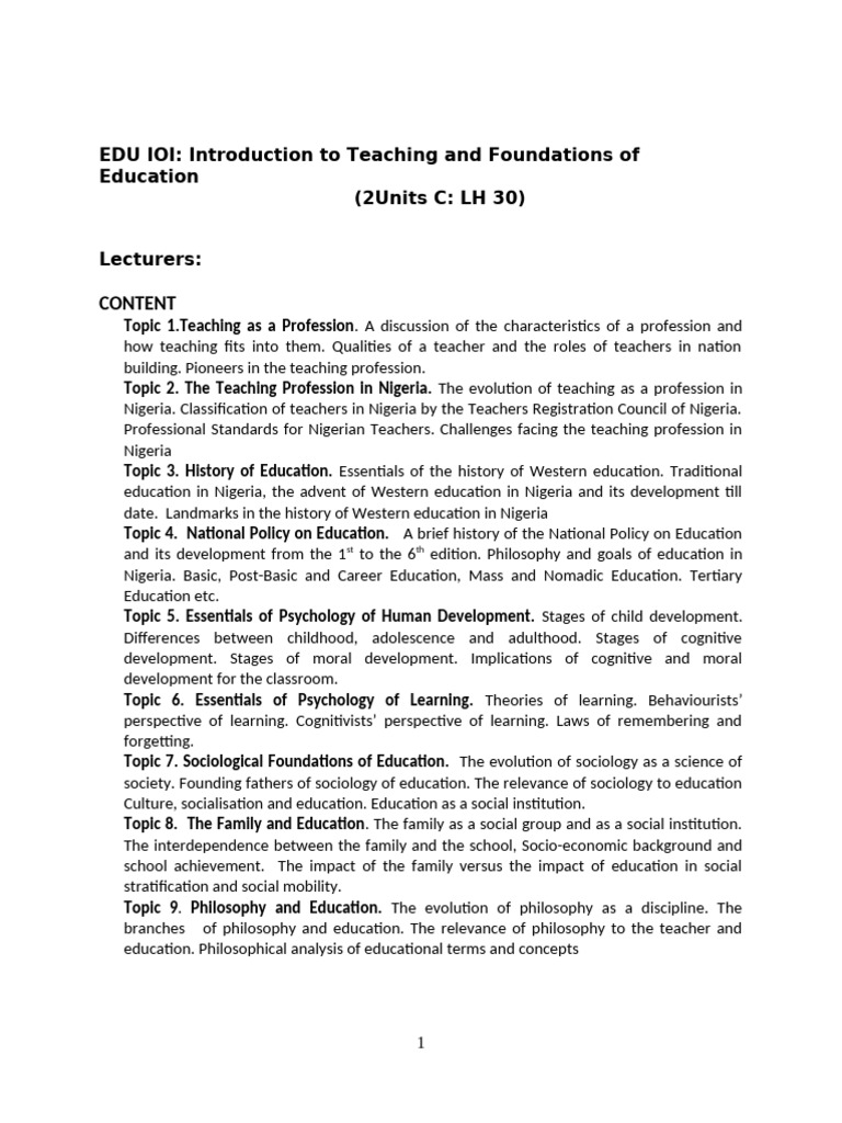 EDU 101 COURSE OUTLINE Edited | PDF | Sociology | Teachers