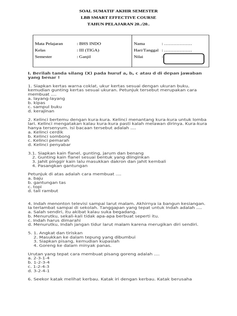 SOAL PAS BINDO KELAS 3 SEMESTER 1 | PDF