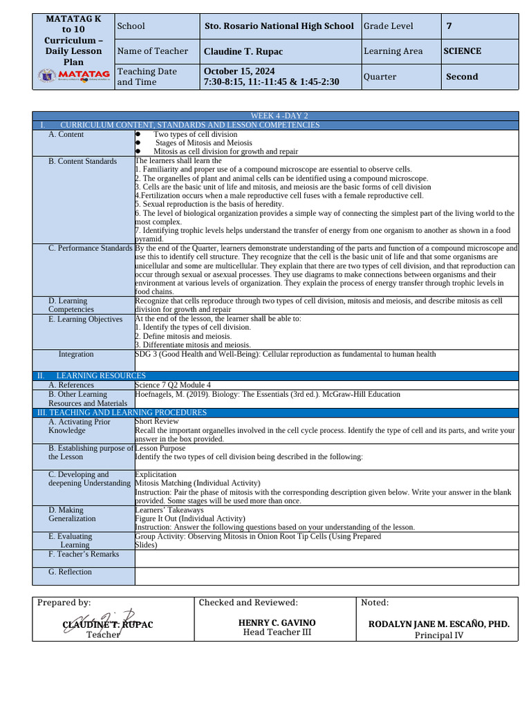 Oct 15, 2024 MATATAG-SCI-7-DLL-FORMAT | PDF | Cell (Biology) | Sexual Reproduction