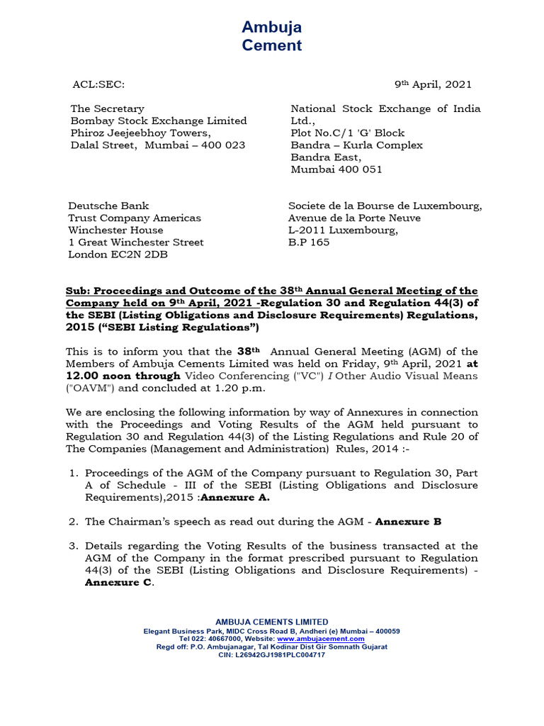 Outcome of AGM and Scrutinizers Report | PDF | Concrete | Absentee Ballot